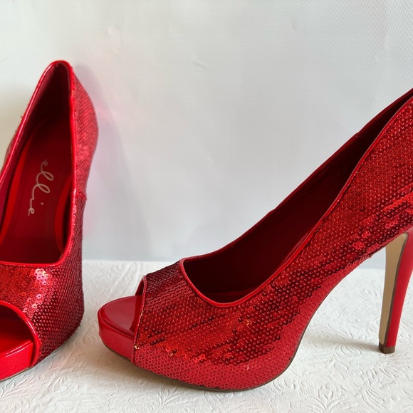 Ellie | Shoes | New Ellie Brand Red Sequin Pumps Size 9 Open Toe Peep ...